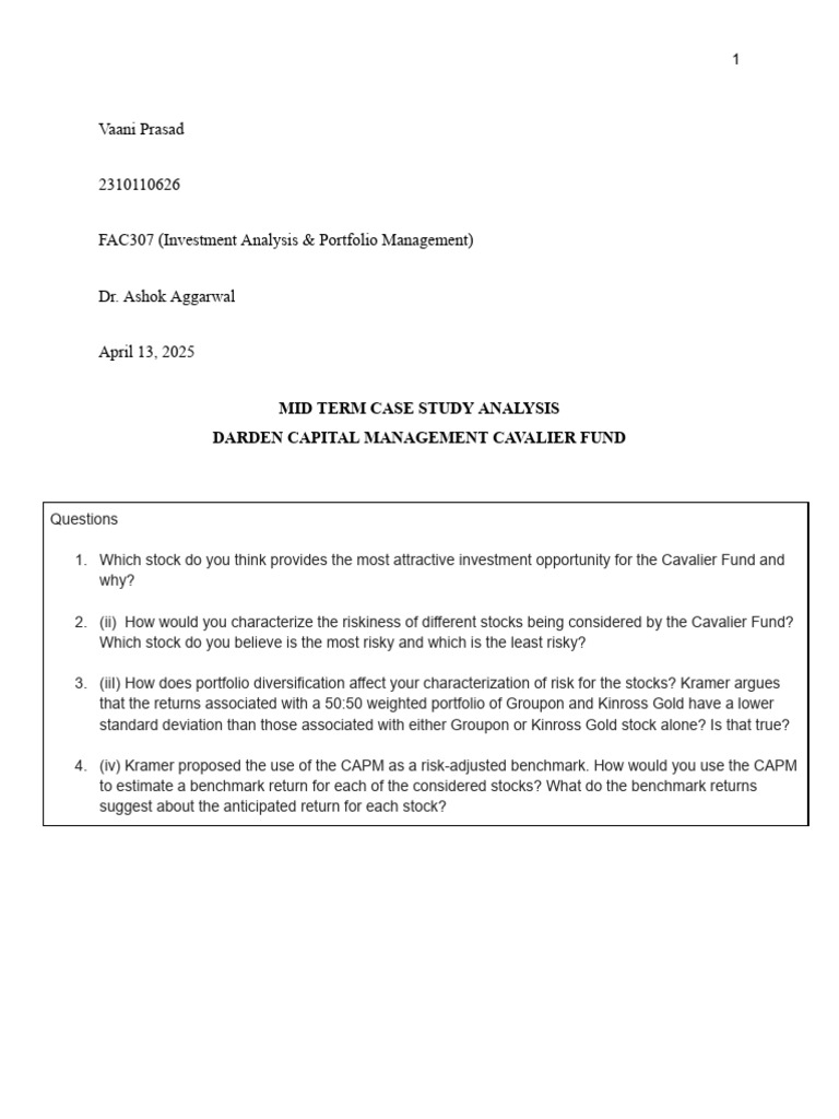 FAC307 Case Study - Vaani Prasad | PDF | Capital Asset Pricing Model | Beta (Finance)