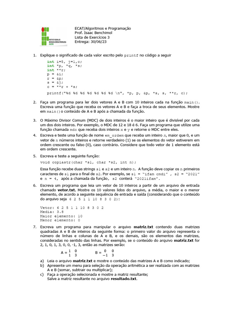 Lista3 | PDF | Matriz (Matemática) | Arquivo de texto