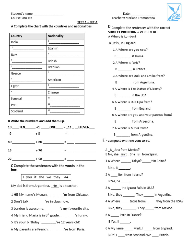 ENSPA TEST UNIT 1 SET A | PDF