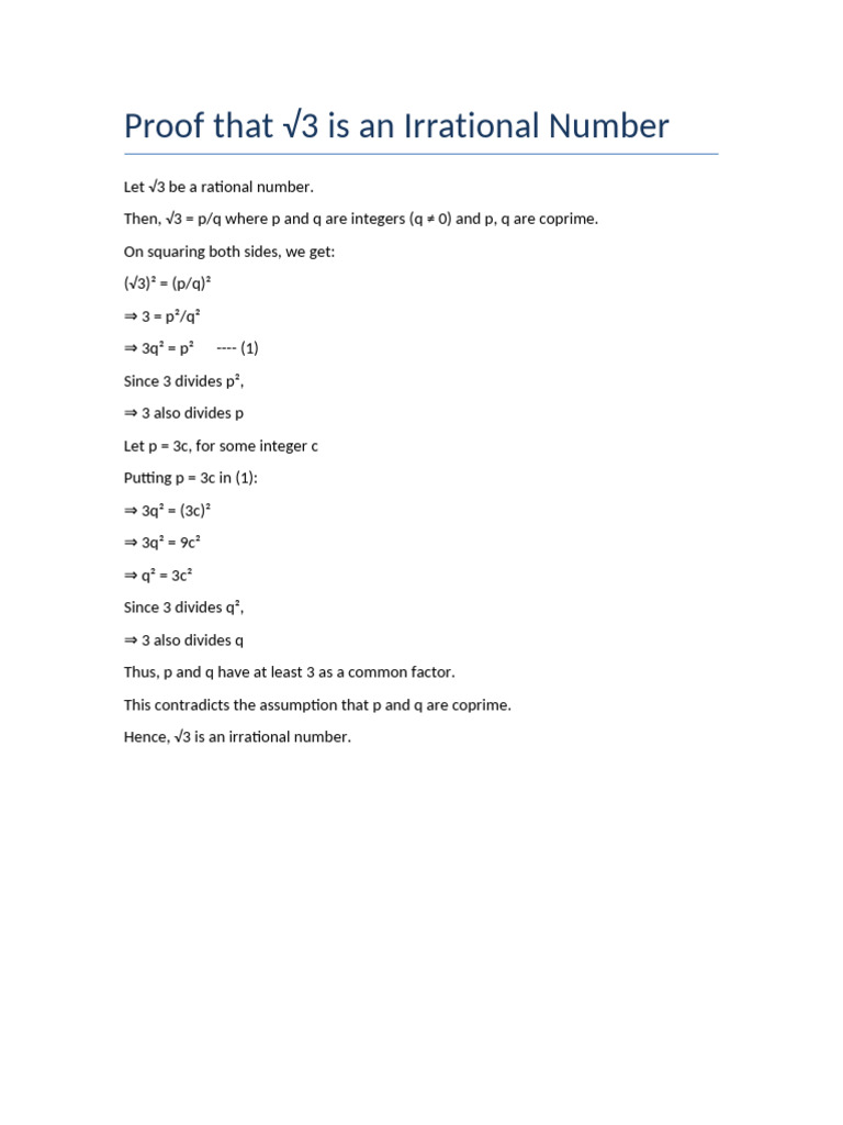Proof of SquareRoot 3 Irrational | PDF