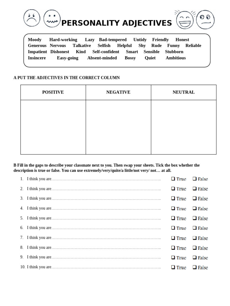 PERSONALITY ADJECTIVES activity | PDF