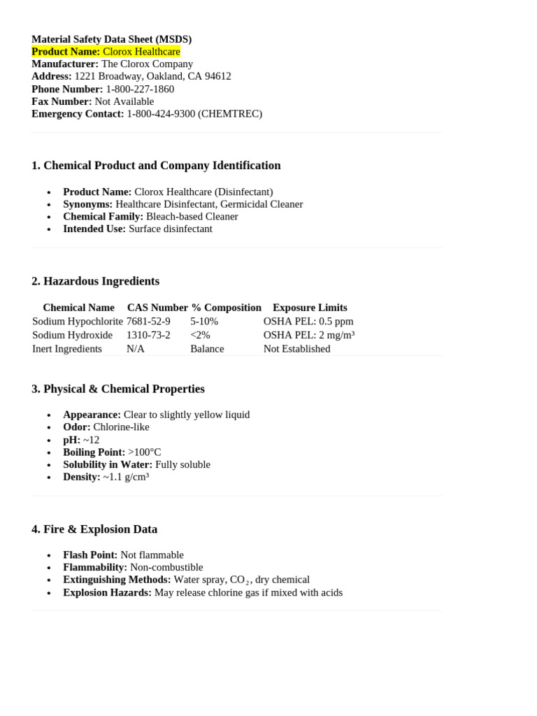 Material Safety Data Sheet - Clorox Healthcare Bleach Germicidal Wipes ...