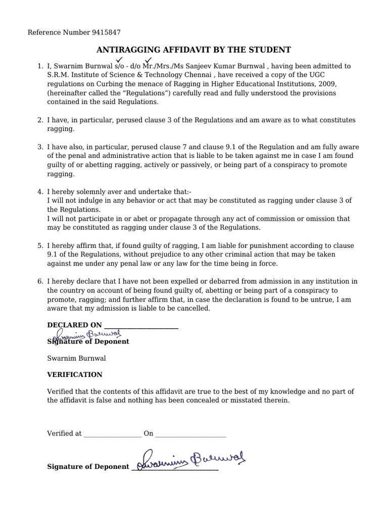 Antiragging Affidavit for SRM Students | PDF | Affidavit | Justice