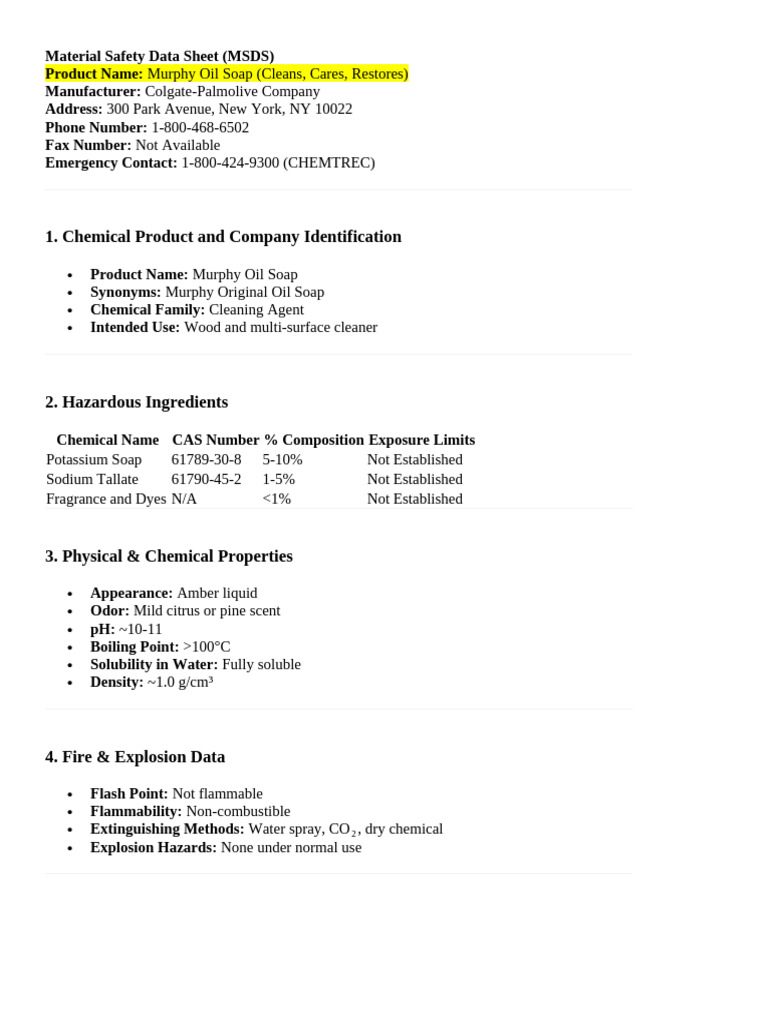 Murphy Oil Soap Safety Data Sheet | PDF | Personal Protective Equipment ...