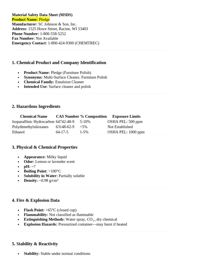 Material Safety Data Sheet - PLEDGE | PDF | Carbon Dioxide | Working ...