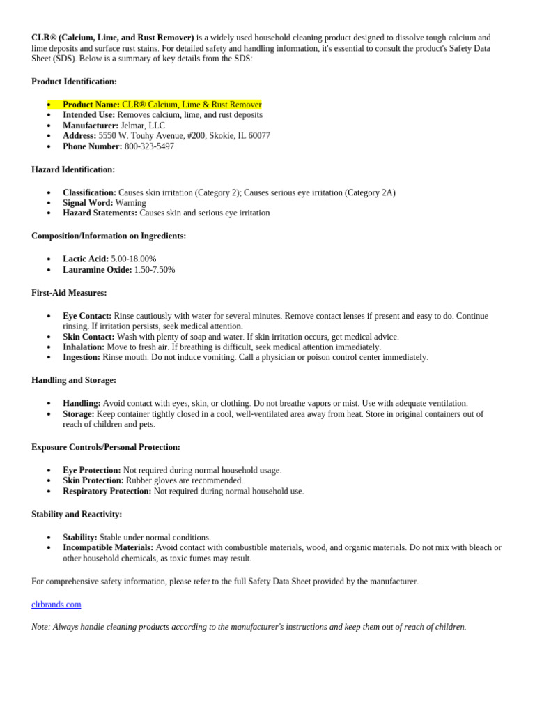 MSDS - CLR® Calcium, Lime & Rust Remover | PDF | Household Chemicals ...