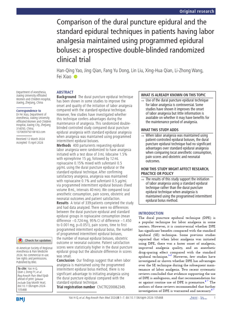 Dural Puncture vs Standard Epidural Analgesia | PDF | Anesthesia | Medicine