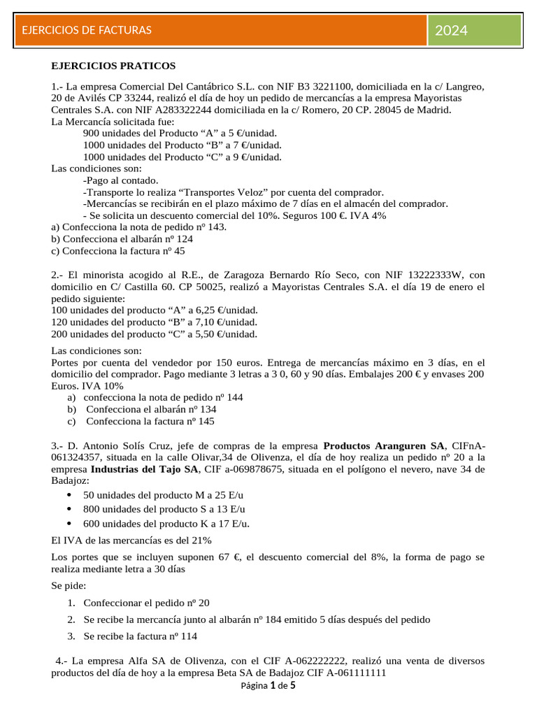 Repaso - Ejercicios Pedidos Albaranes Facturas 2 | PDF | Factura | Documentos empresariales