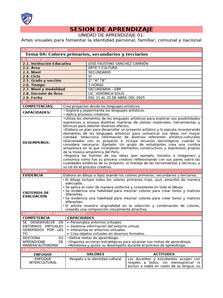 1° SEC. SESION ACTV 04 ARTE Y CULTURA 2024 | PDF | Color | Enseñando