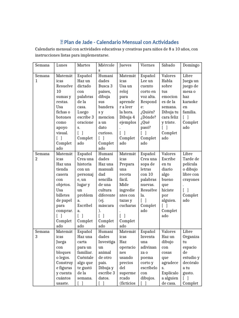 Calendario Actividades Plan de Jade | PDF