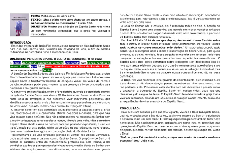 Dinâmica Pergunta 3 Culto de Senhoras 16-04-2025 | PDF