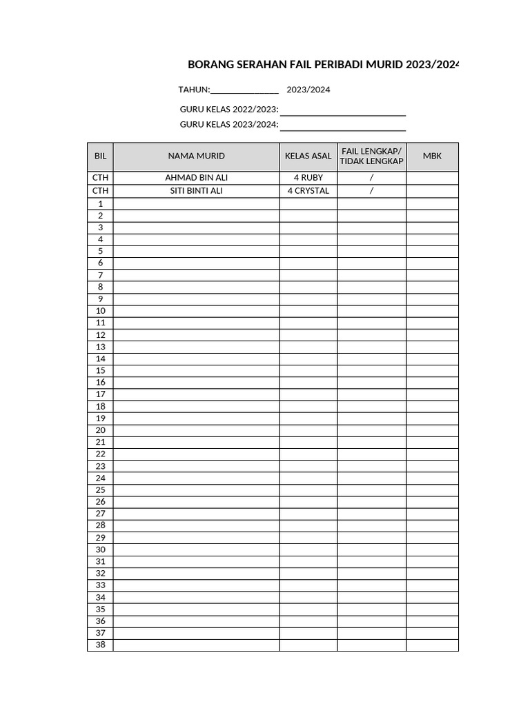 Borang Serahan Fail Peribadi Murid | PDF