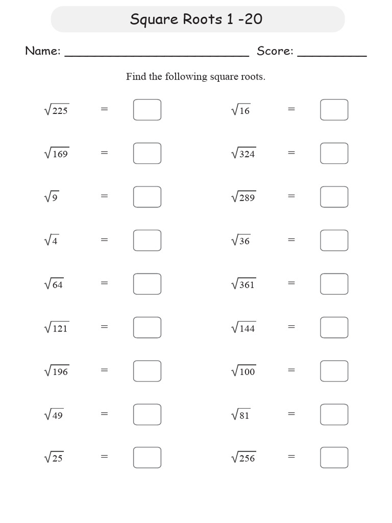 Square Roots Practice Worksheet 1-20 | PDF