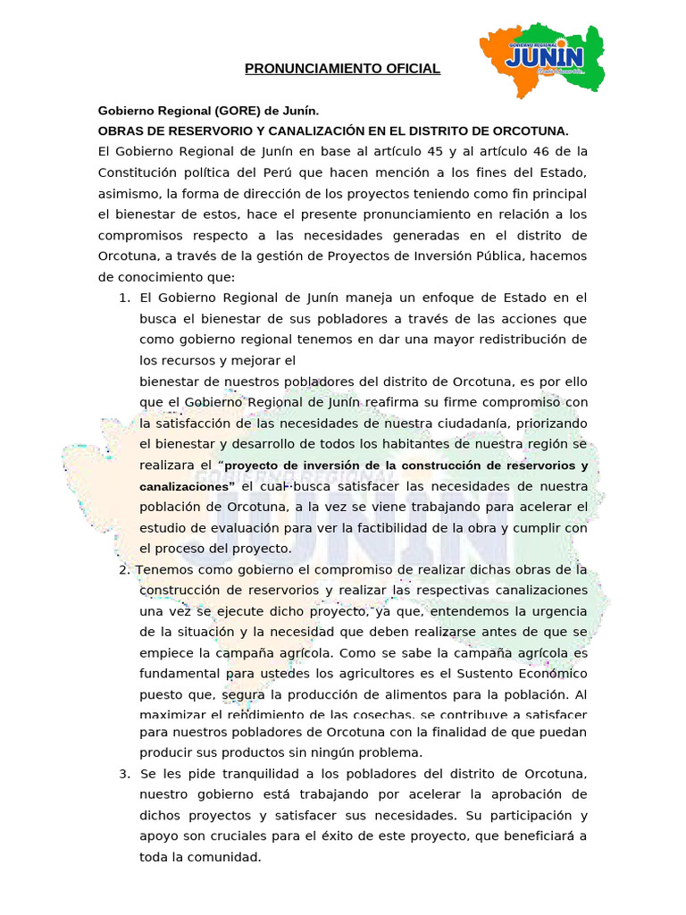 Obras de Reservorios en Orcotuna | PDF | Economias