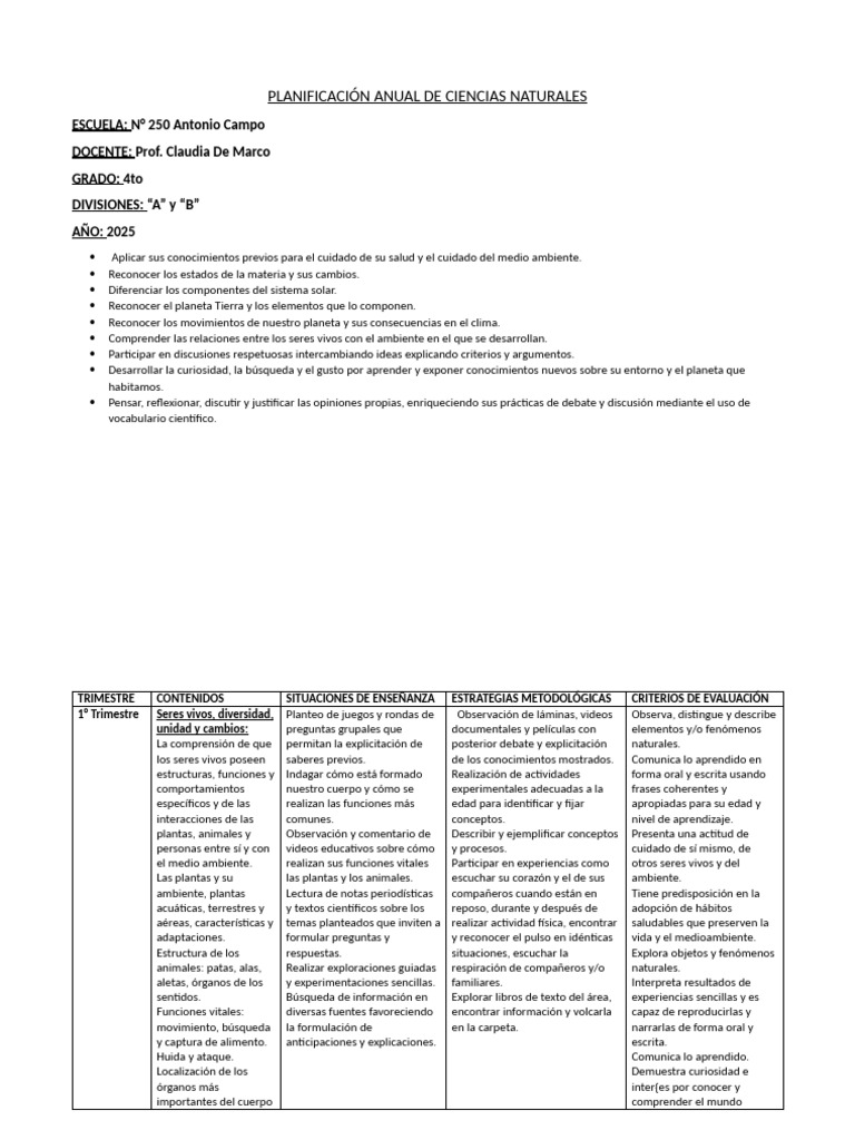 Planificación Anual de Ciencias Naturales | PDF | Sonido | Observación