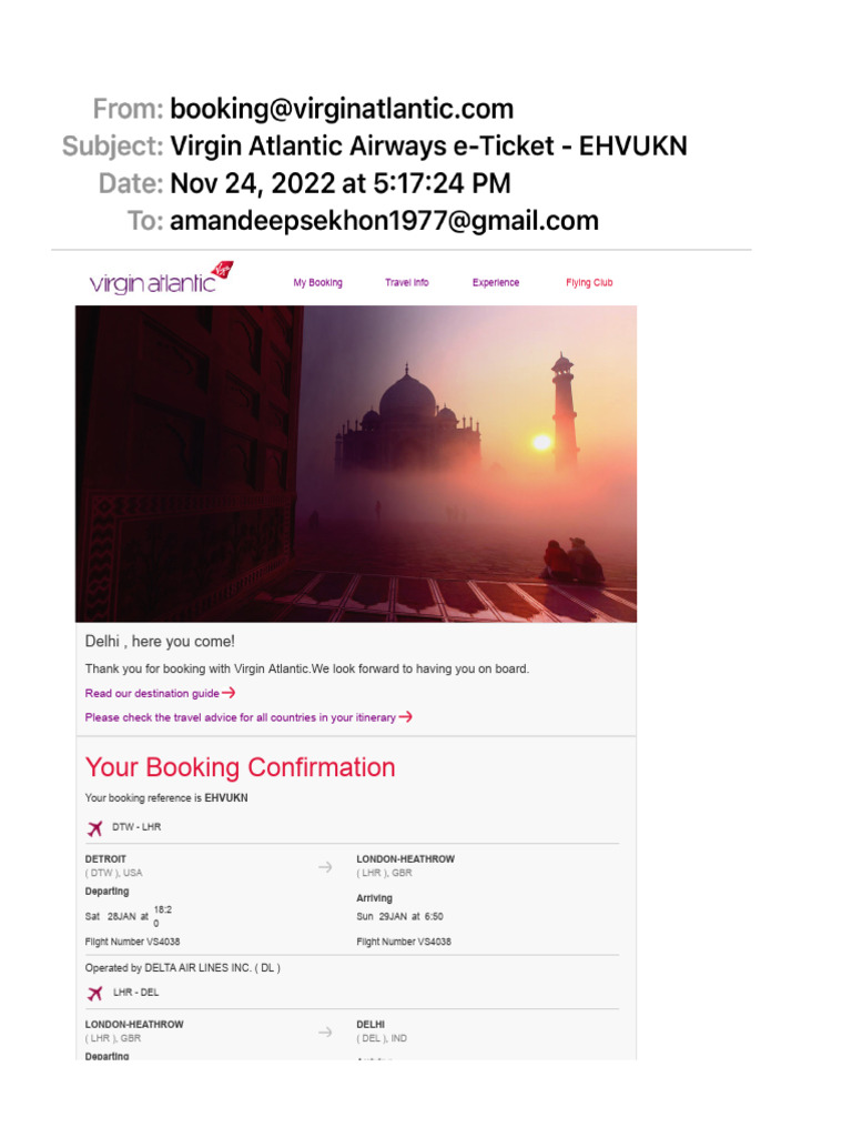 Virgin Atlantic Airways E-Ticket - EHVUKN 2 | PDF | Baggage | Fee