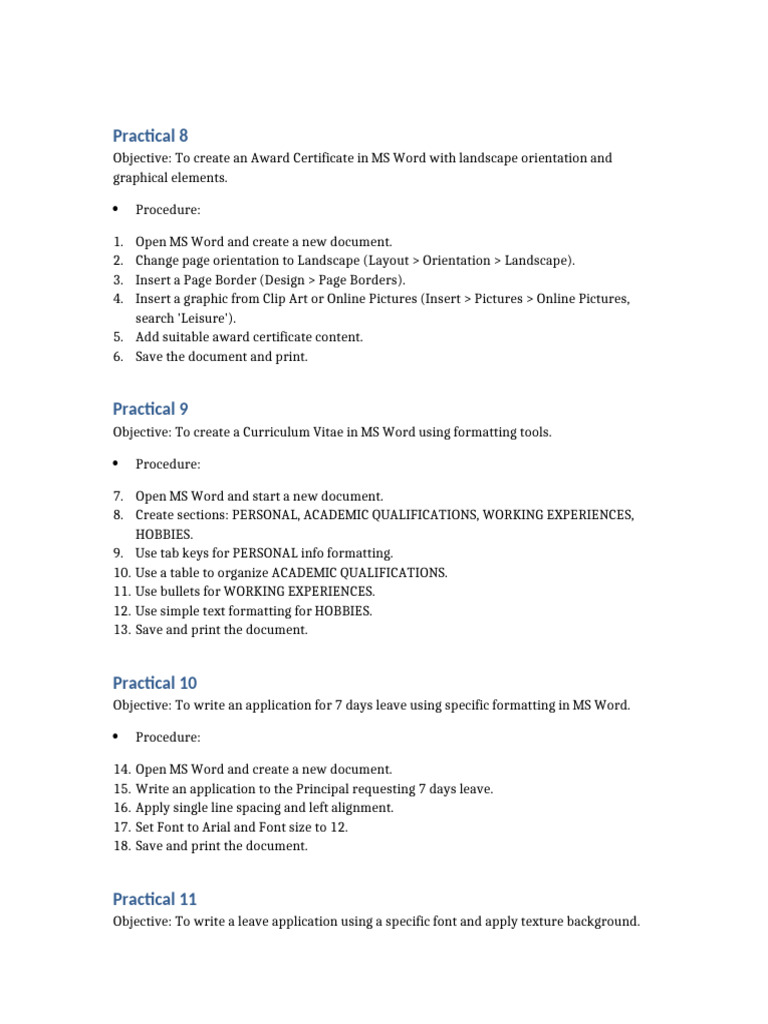 MS Word Practicals Revised | PDF | Microsoft Word | Page Layout