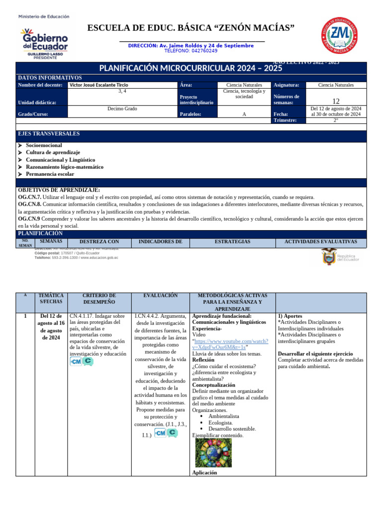 planificacion micro. 10 segundo t | PDF | Evolución | Aprendizaje
