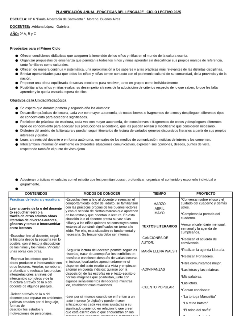 Planificación Anual Lenguaje 2025 | PDF | Escritura | Enseñando