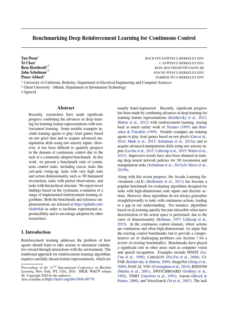 Benchmarking Deep Reinforcement Learning For Continuous Control | PDF | Machine Learning ...