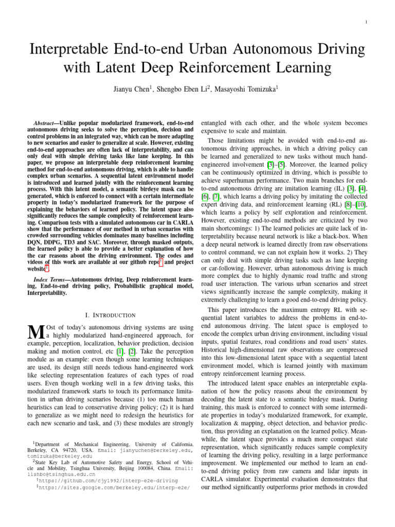 Interpretable End-To-End Urban Autonomous Driving With Latent Deep Reinforcement Learning | PDF ...