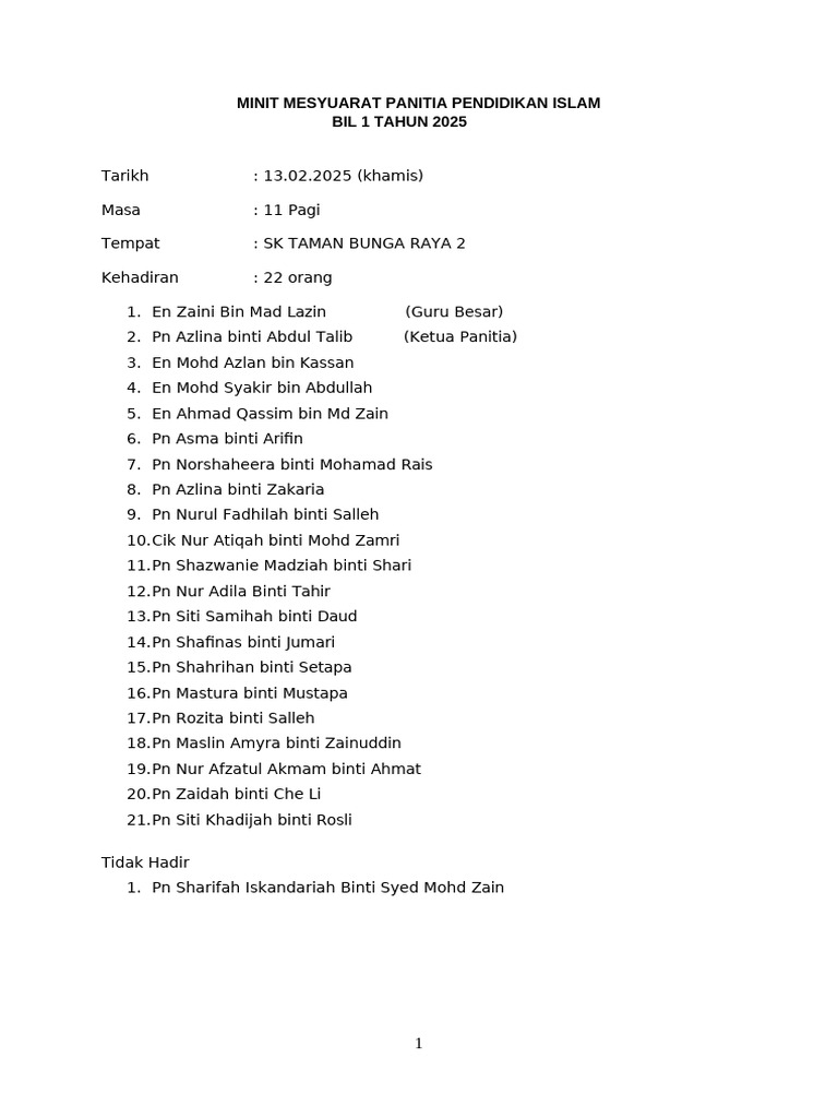 Minit Mesyuarat Panitia p Islam Pertama | PDF
