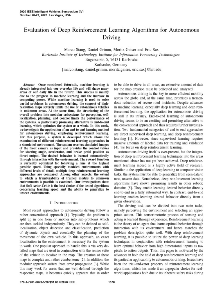 Evaluation of Deep Reinforcement Learning Algorithms for Autonomous Driving | PDF | Deep ...