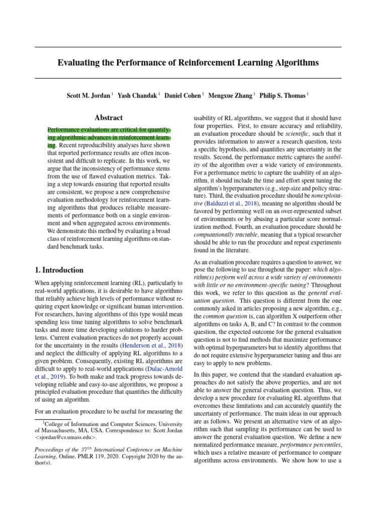 Evaluating the Performance of Reinforcement Learning Algorithms | PDF | Confidence Interval ...