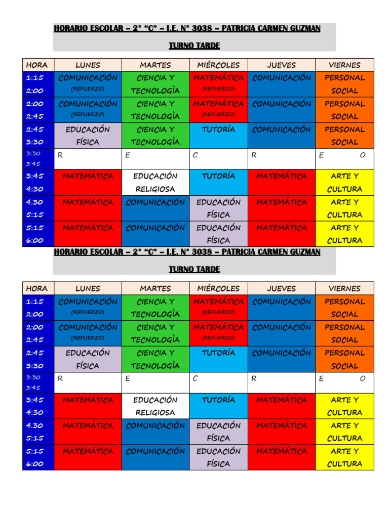 Horario Escolar 2° C - I.E. N° 3038 | PDF