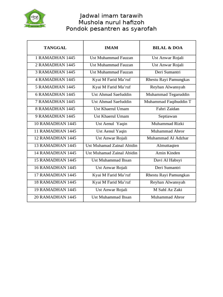 Jadwal Imam Tarawih | PDF