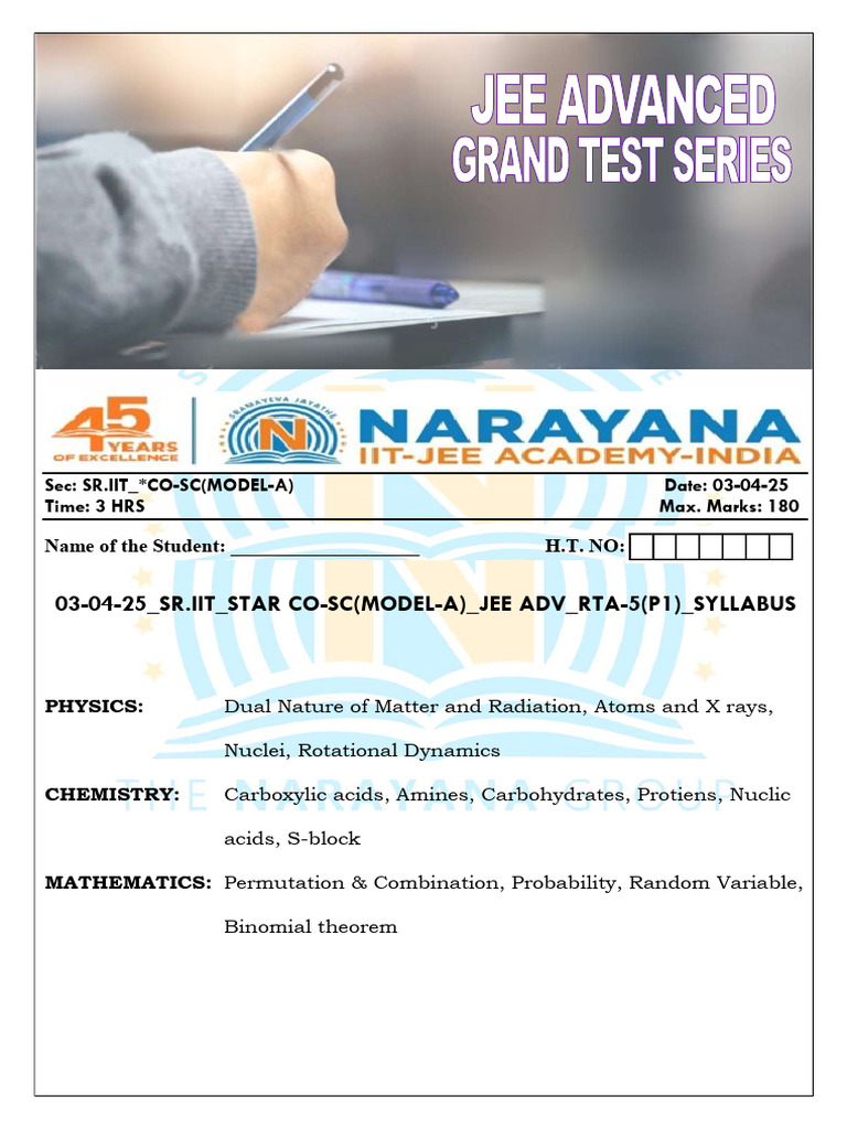 03-04-25 SR - Iit Star Co-Sc (Model-A) Jee Adv 2022 (P-I) Rta-5 (p1) QP | PDF | Amine | Radiation