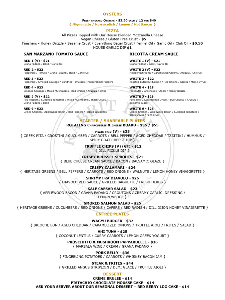 Rabbit Hole Ottawa Dinner Menu | PDF | Salad | Pizza