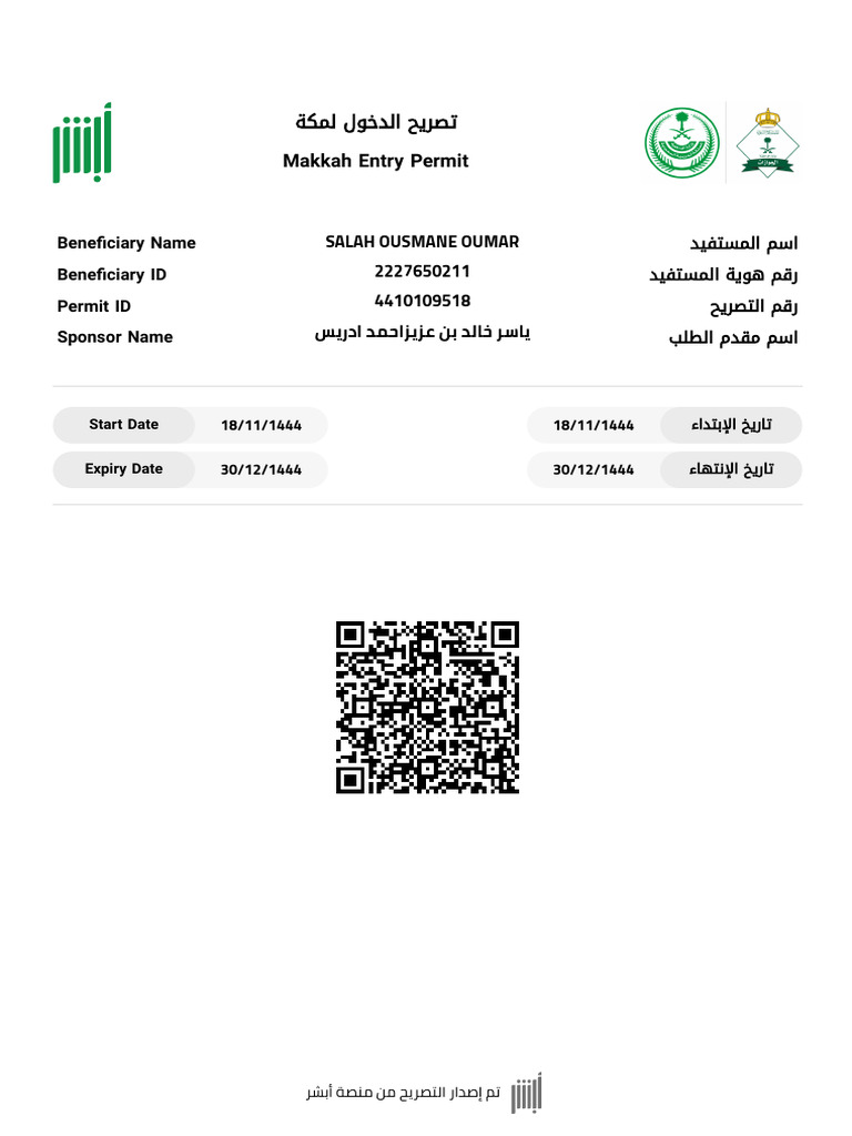 Makkah Entry Permit: Beneficiary Name Beneficiary ID Permit ID Sponsor ...