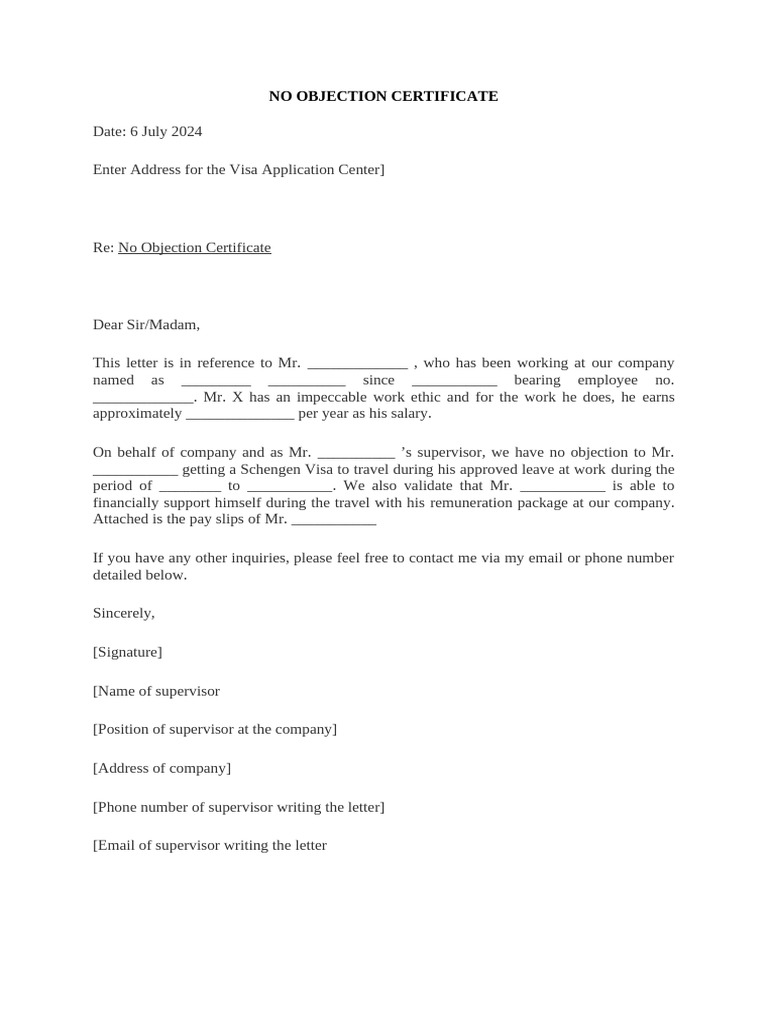 Employer NOC for Schengen Visa | PDF