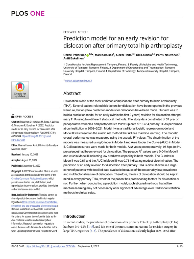 Prediction Model For An Early Revision For Dislocation After Primary Total Hip Arthroplasty ...