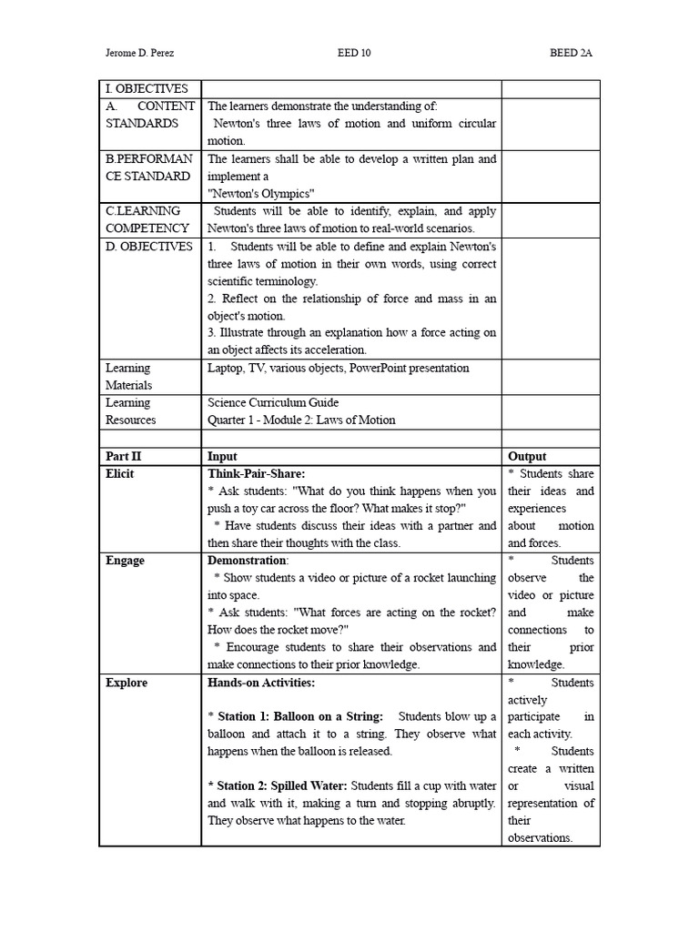 Lesson Plan EED 10 | PDF | Force | Newton's Laws Of Motion