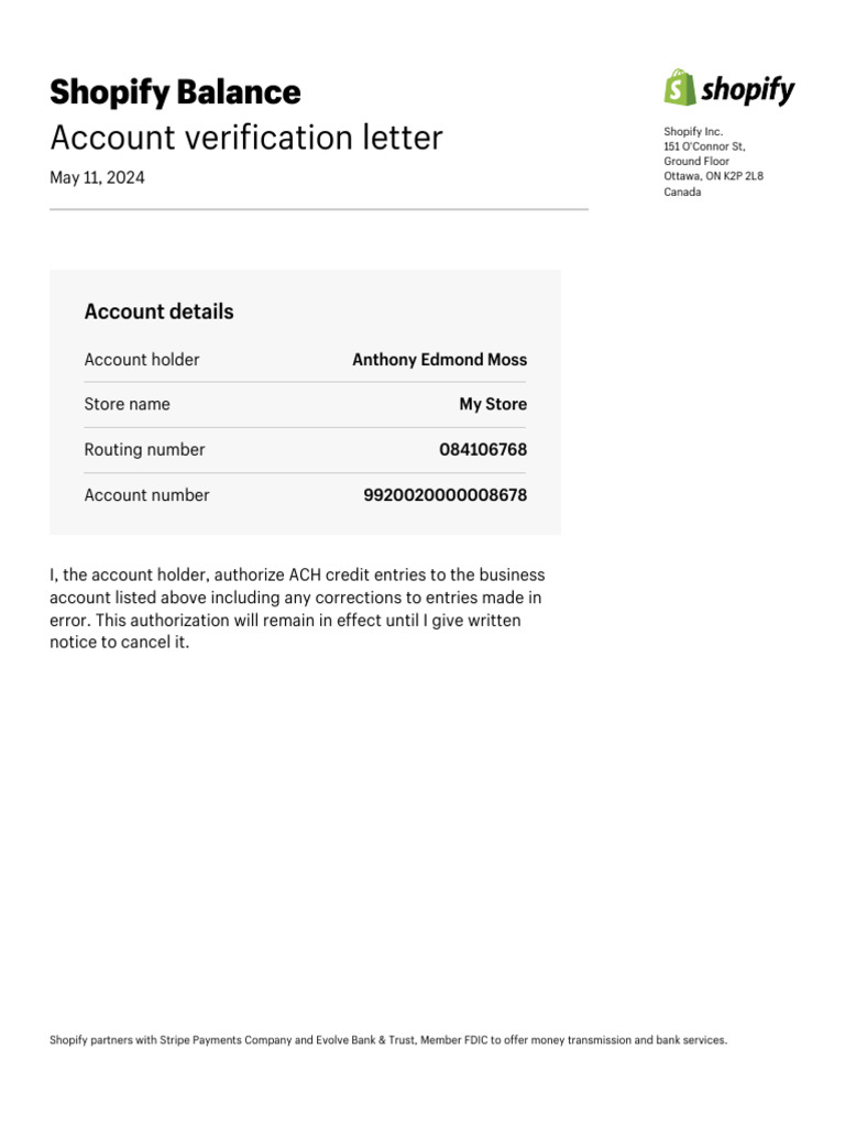 Shopify Balance Account Verification | PDF