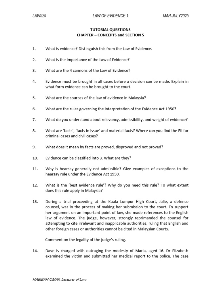 Law of Evidence Tutorial Questions | PDF | Evidence (Law) | Prosecutor