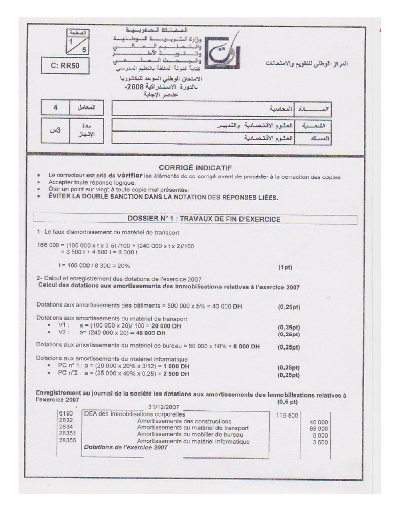Examen Comptabilite 2 Bac Eco 2008 Session Rattrapage Corrige | PDF