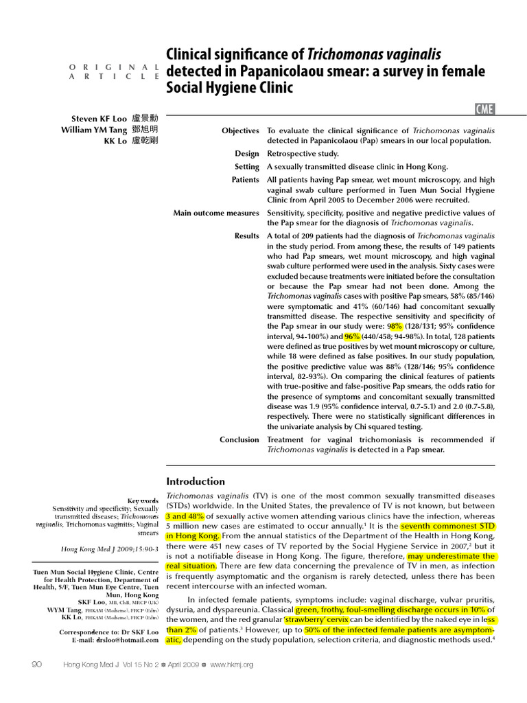 Trichomonas Vaginalis in Pap Smears | PDF | Sensitivity And Specificity ...