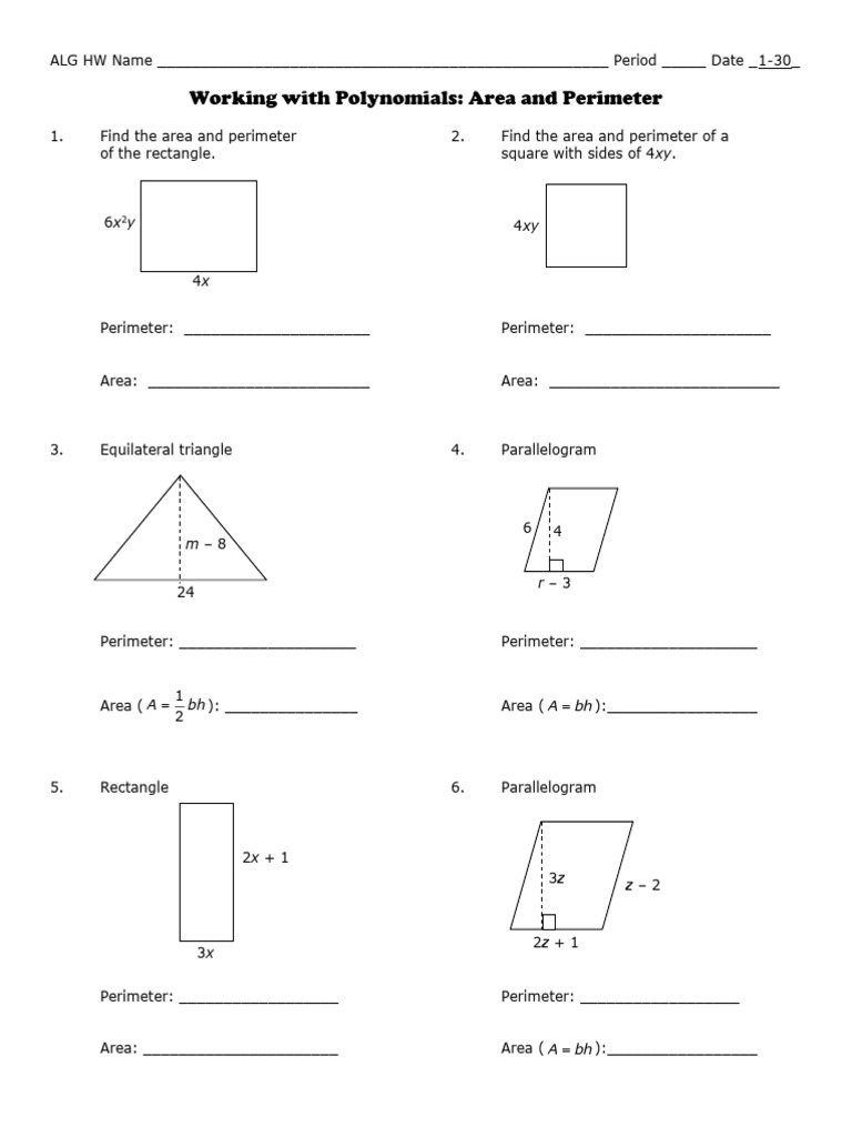 Ws Polynomials - Area and Perimeter 2025 | PDF | Area | Rectangle
