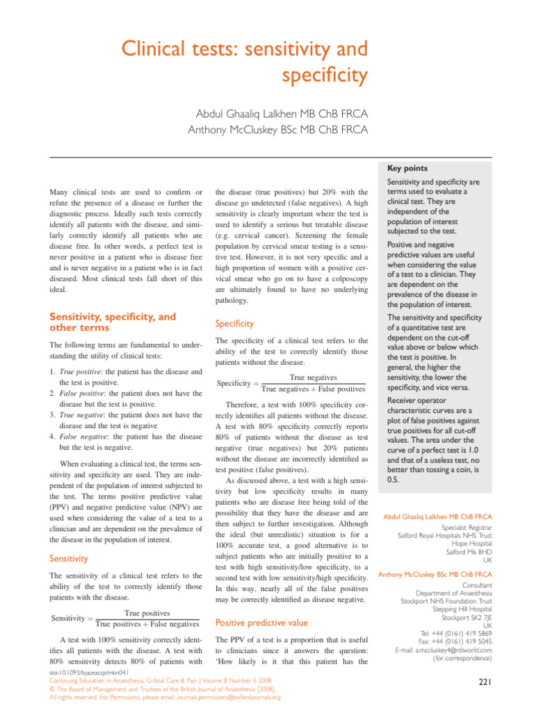 Understanding Sensitivity and Specificity in Clinical Tests | PDF ...