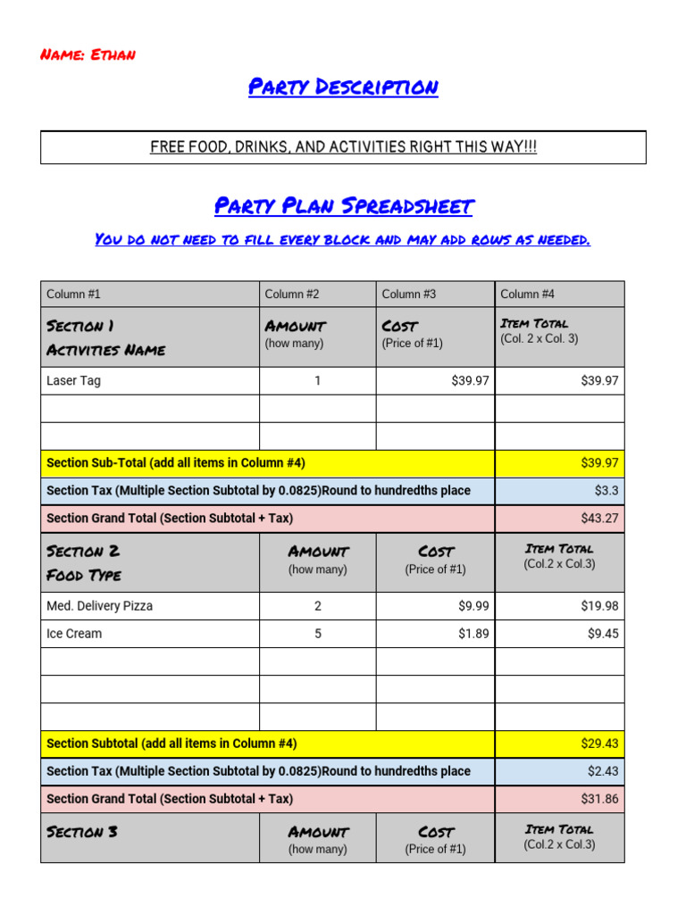 Ethan's Party Plan and Budget Spreadsheet | PDF