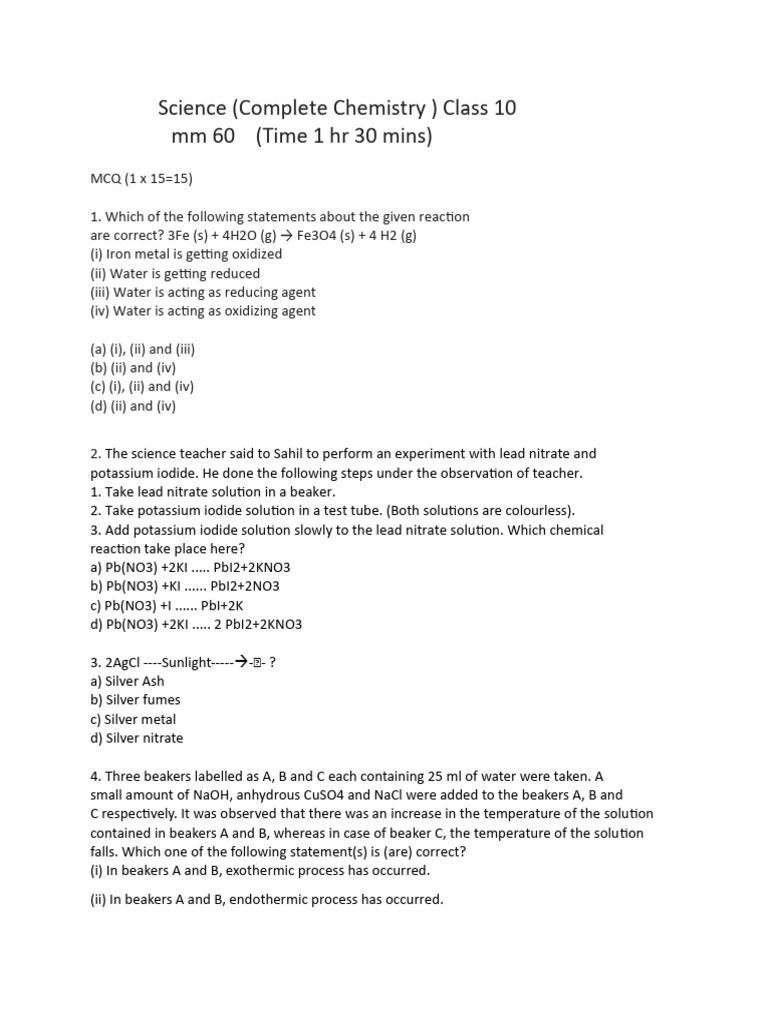 Chemistry Test for Class 10 Students | PDF | Bleach | Chlorine