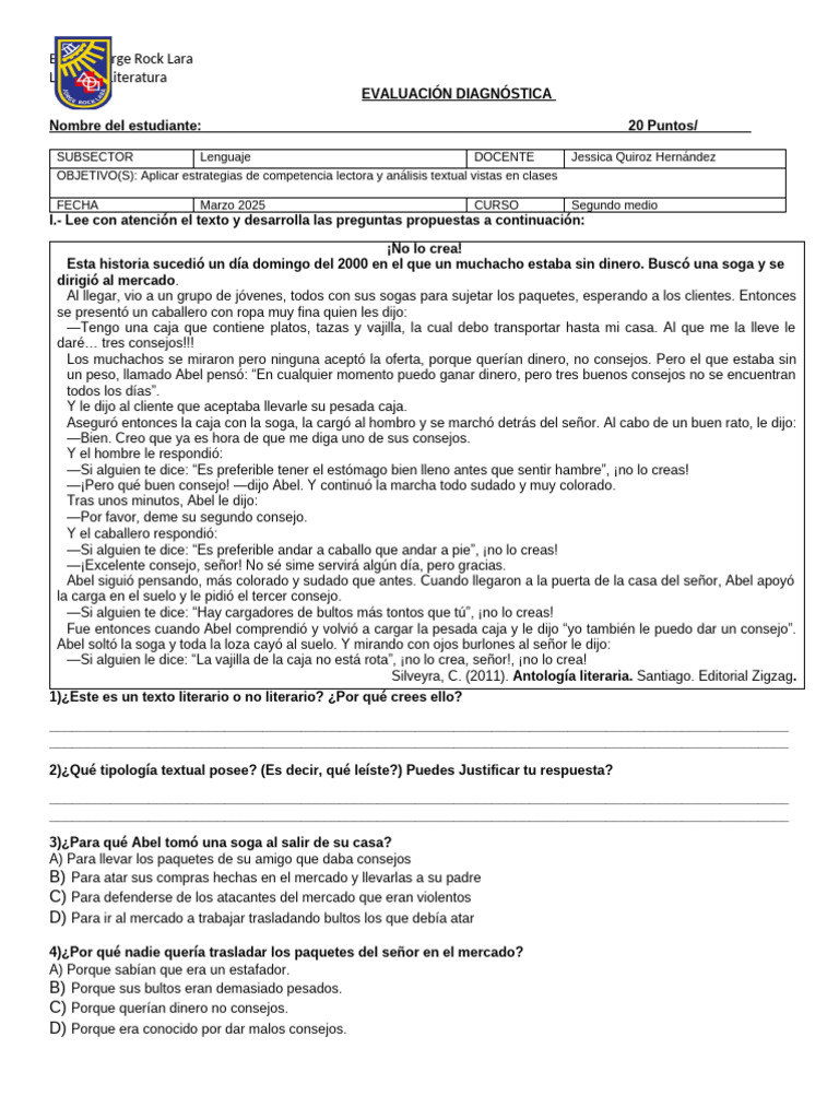 Prueb de Diagnóstico Lenguaje 2do Medio | PDF