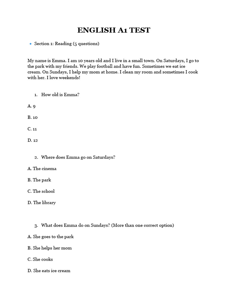 A1 English Test Sample with Answers | PDF | Morphology | Languages