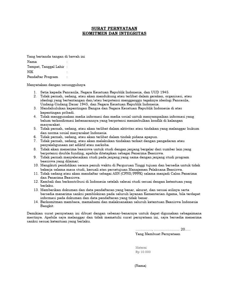 01 Format Surat Pernyataan Komitmen Dan Integritas | PDF