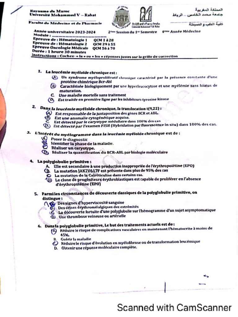 Hématologie Rattrapage 2023-2024 | PDF