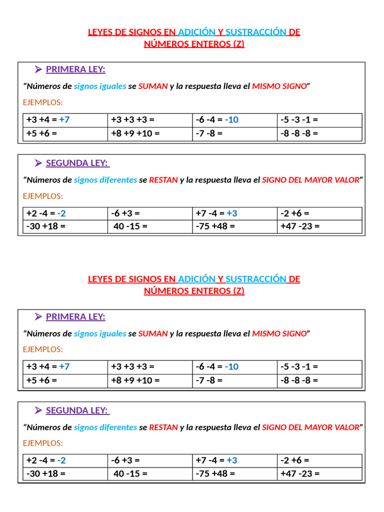 Leyes de Signos en Adición y Sustracción De2 | PDF | Sustracción | Entero