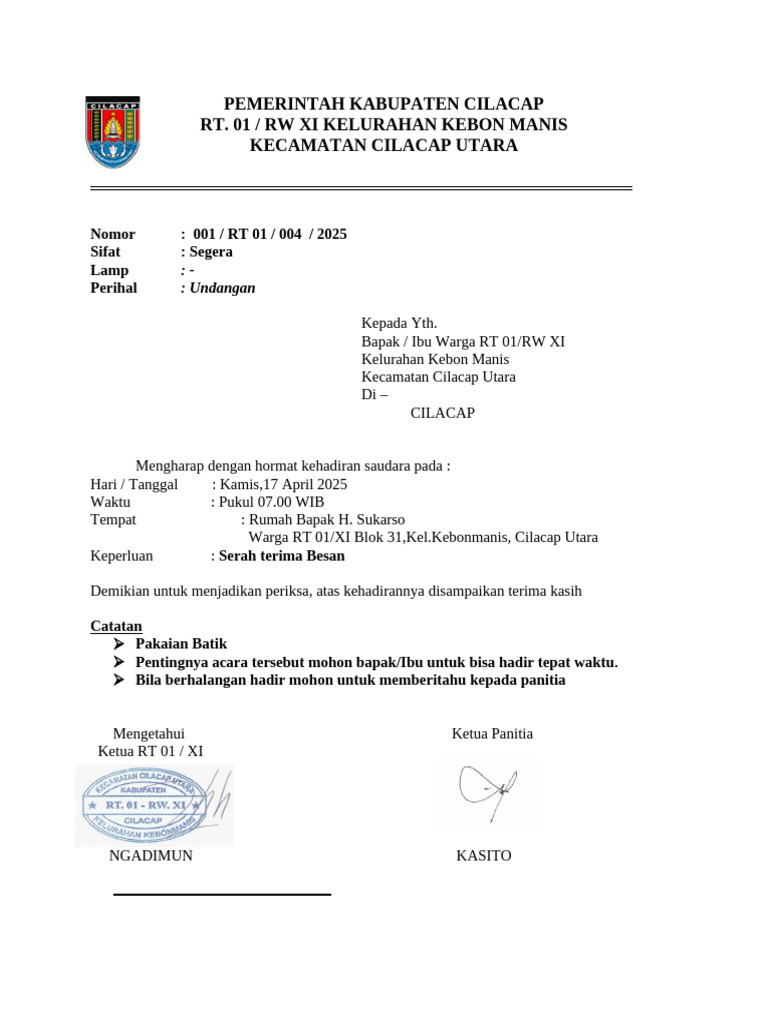 Undangan RT 01,04,2025 Tria | PDF